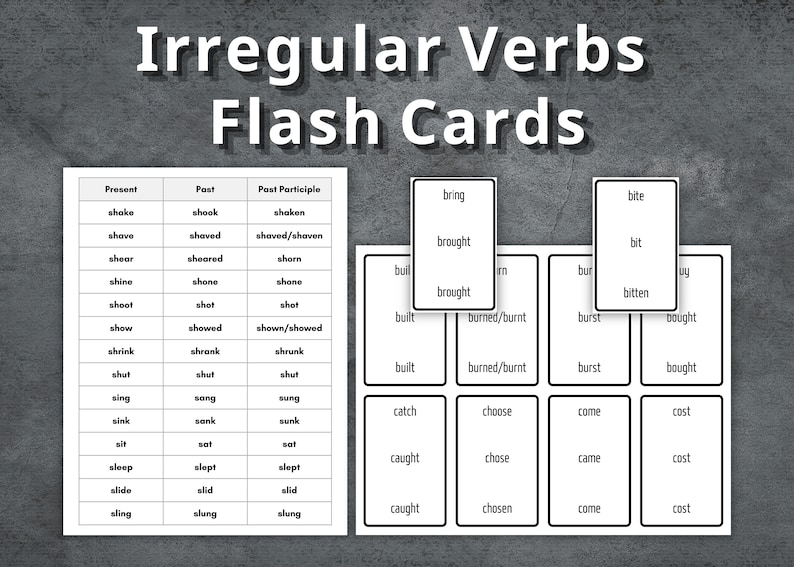 Irregular Verbs Flash Cards, Preschool Flashcards, Printable Montessori ...