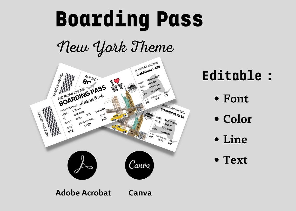 New York Boarding Pass, Editable Boarding Pass, Vacation Ticket ...