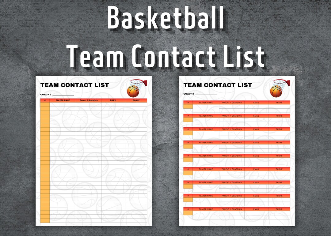 Basketball Team Contact List, Information Sheet, Printable Contact ...