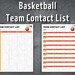 Basketball Team Contact List, Information Sheet, Printable Contact ...