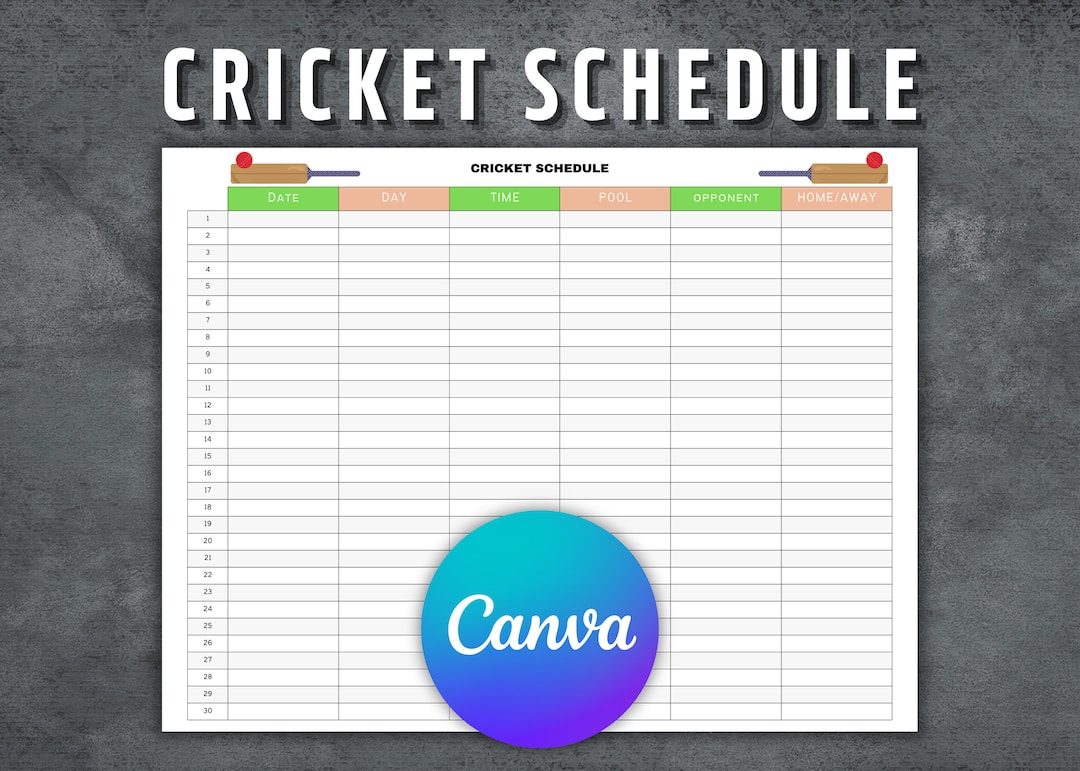 Cricket Schedule Template, Printable Cricket Schedule, Editable Cricket ...