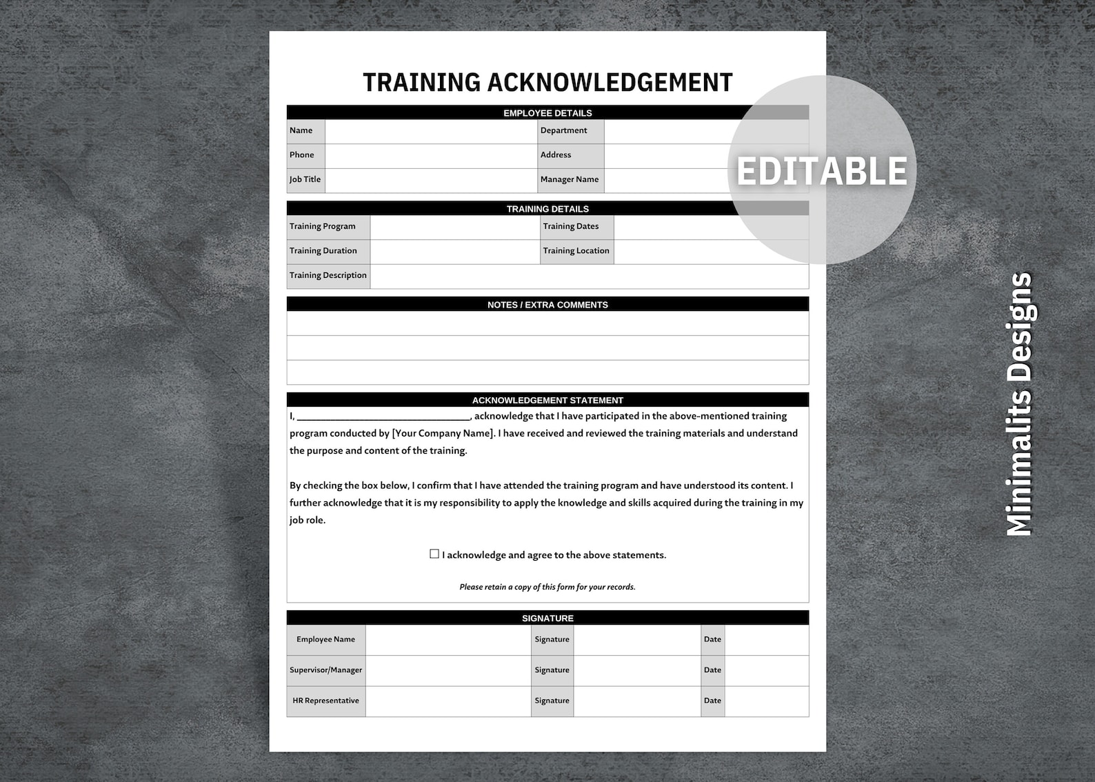 Training Acknowledgement Form, Printable Training Templates, HR ...