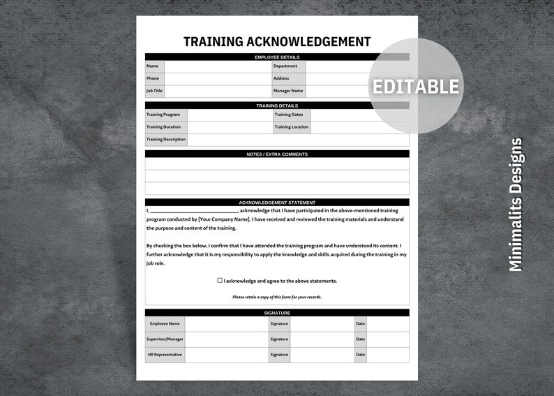 Training Acknowledgement Form, Printable Training Templates, HR ...