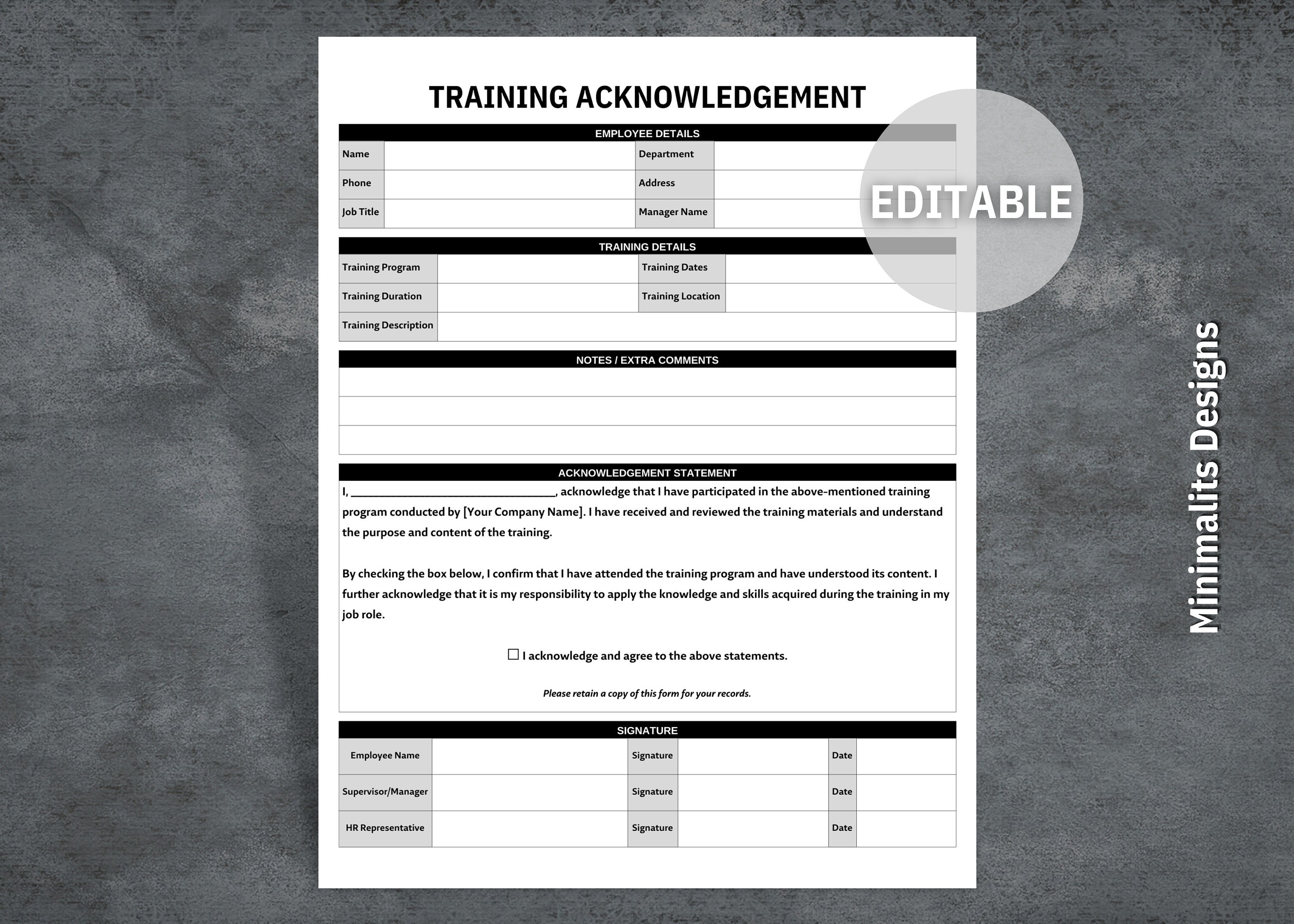 Training Acknowledgement Form, Printable Training Templates, HR ...