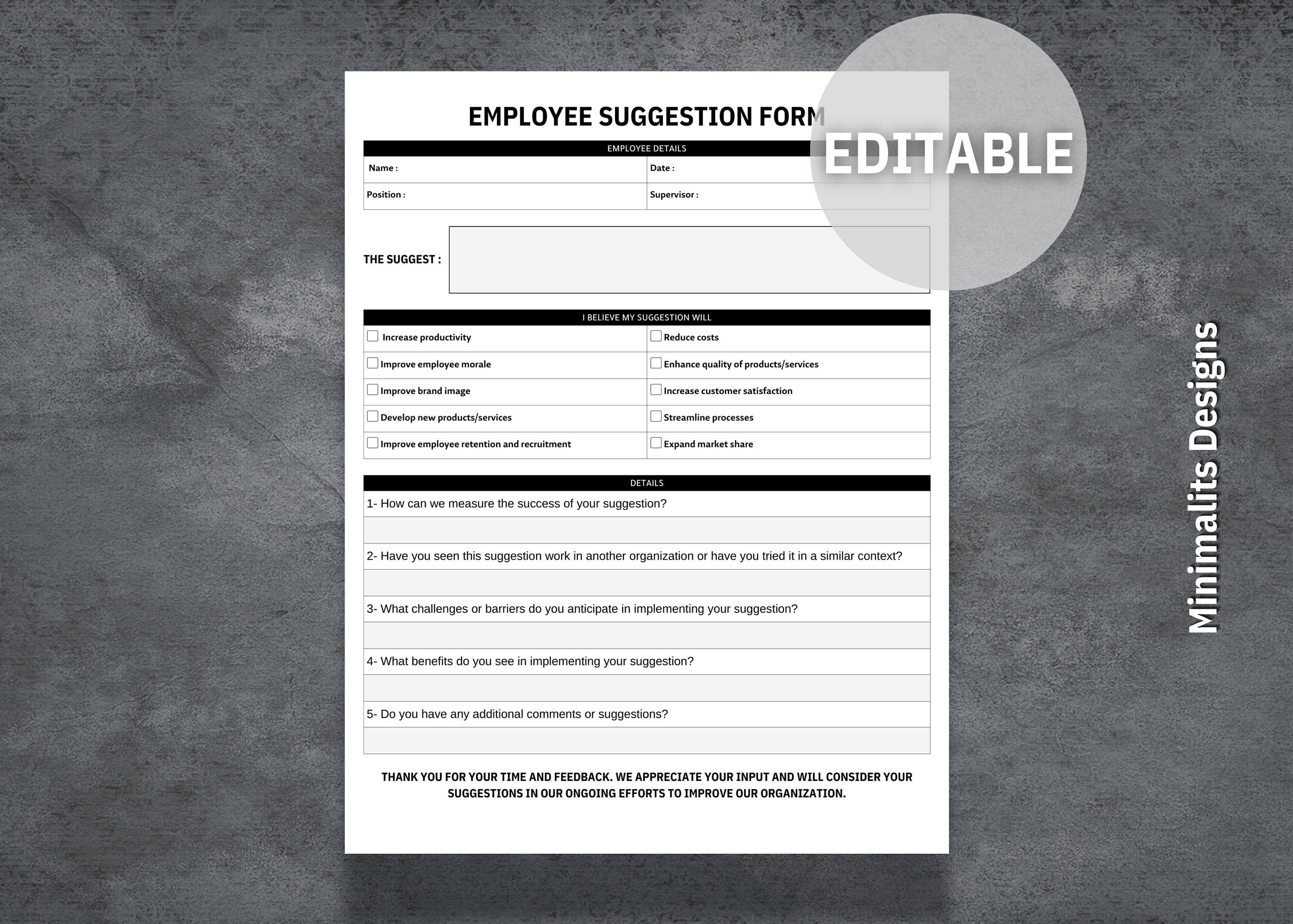 Employee Suggestion Form, Employee Ideas Form, Employee Suggestion Box ...
