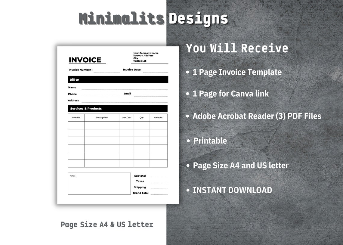 Invoice Template, Editable Invoice, Invoice Sheet, Printable Invoice ...