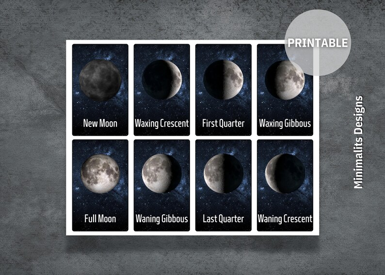 Moon Phases Flash Cards, Preschool Flashcards, Printable Montessori ...