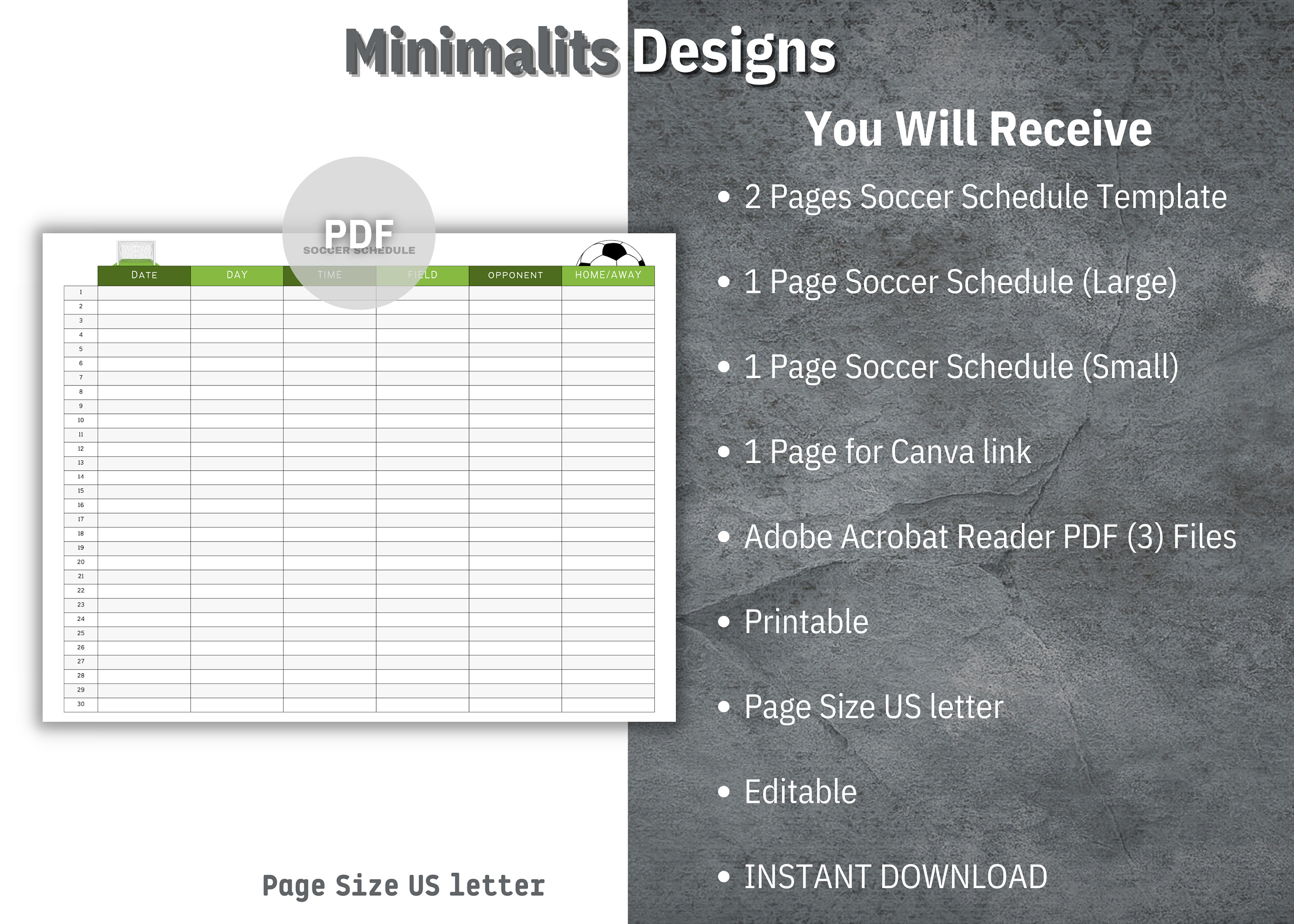 Soccer Schedule Template, Printable Football Schedule, Editable Soccer ...