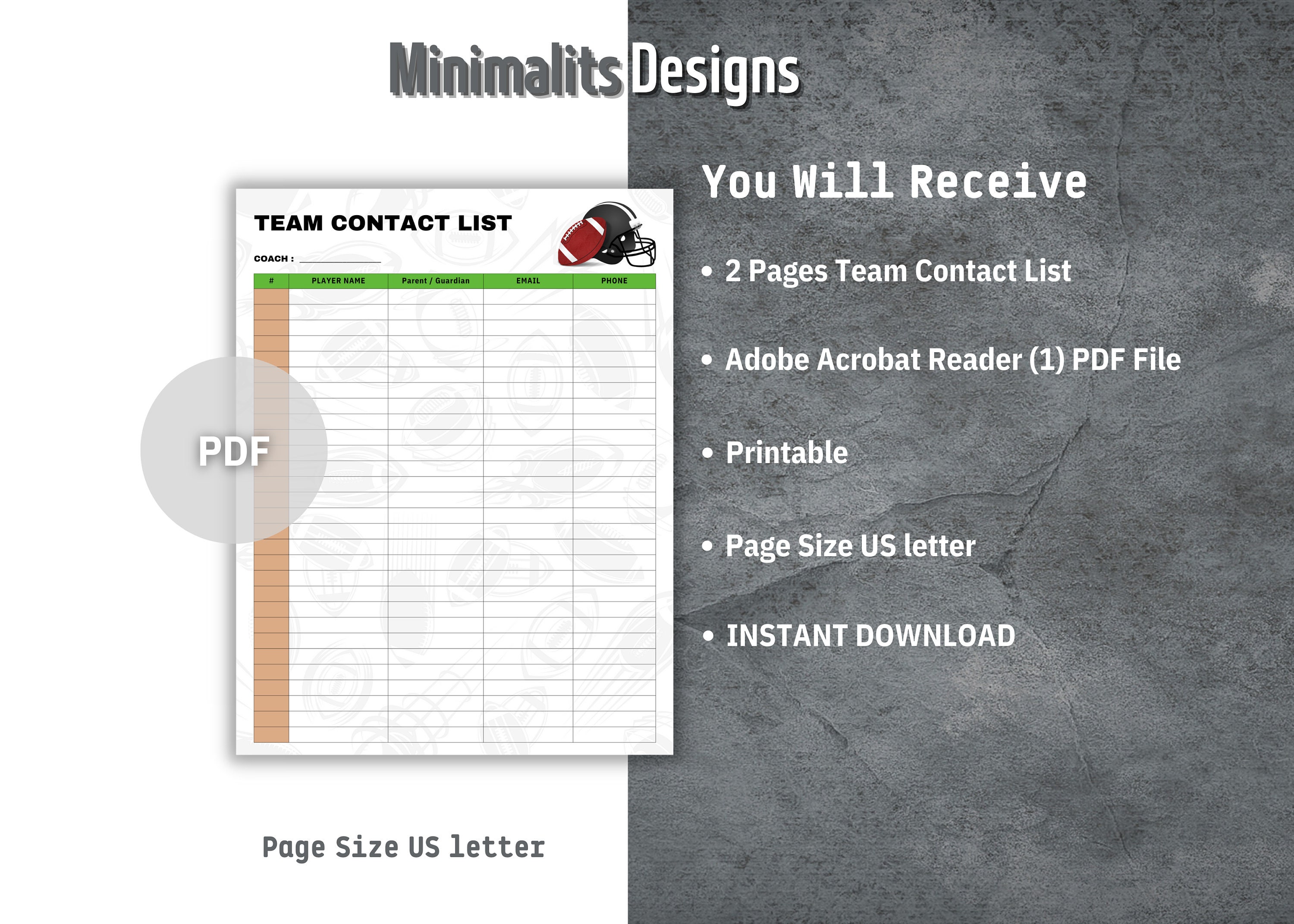 American Football Team Contact List, Information Sheet, Printable ...