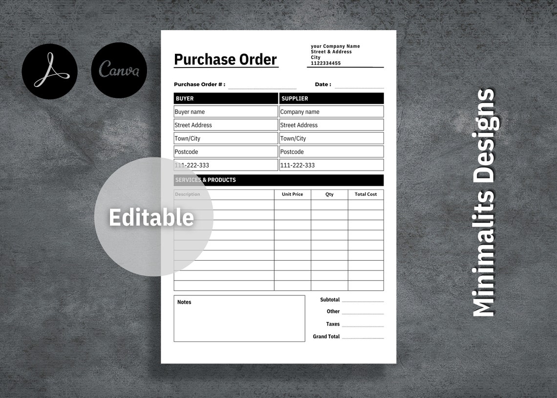 Purchase Order Sheet, Editable Purchase Order Form, Purchase Order ...