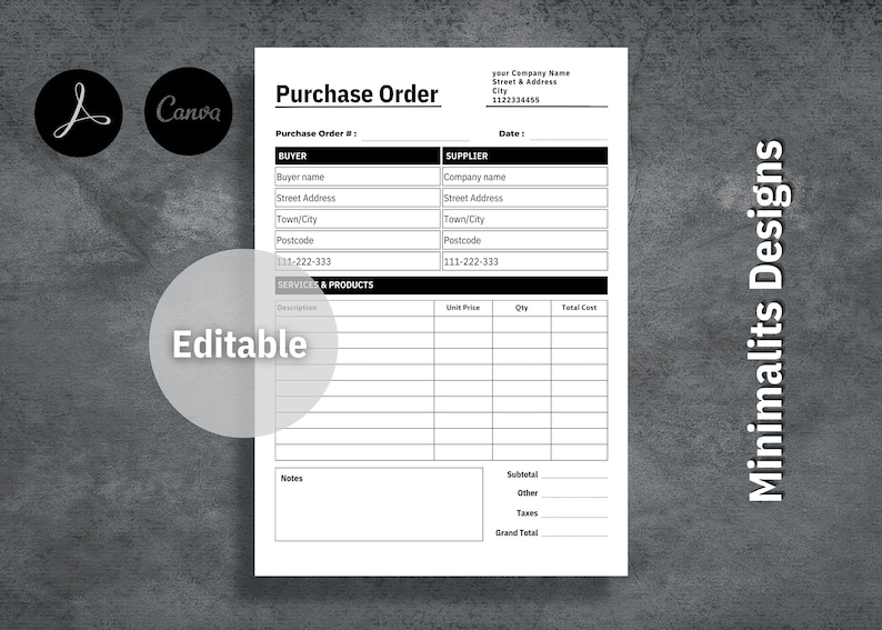 Purchase Order Sheet, Editable Purchase Order Form, Purchase Order ...