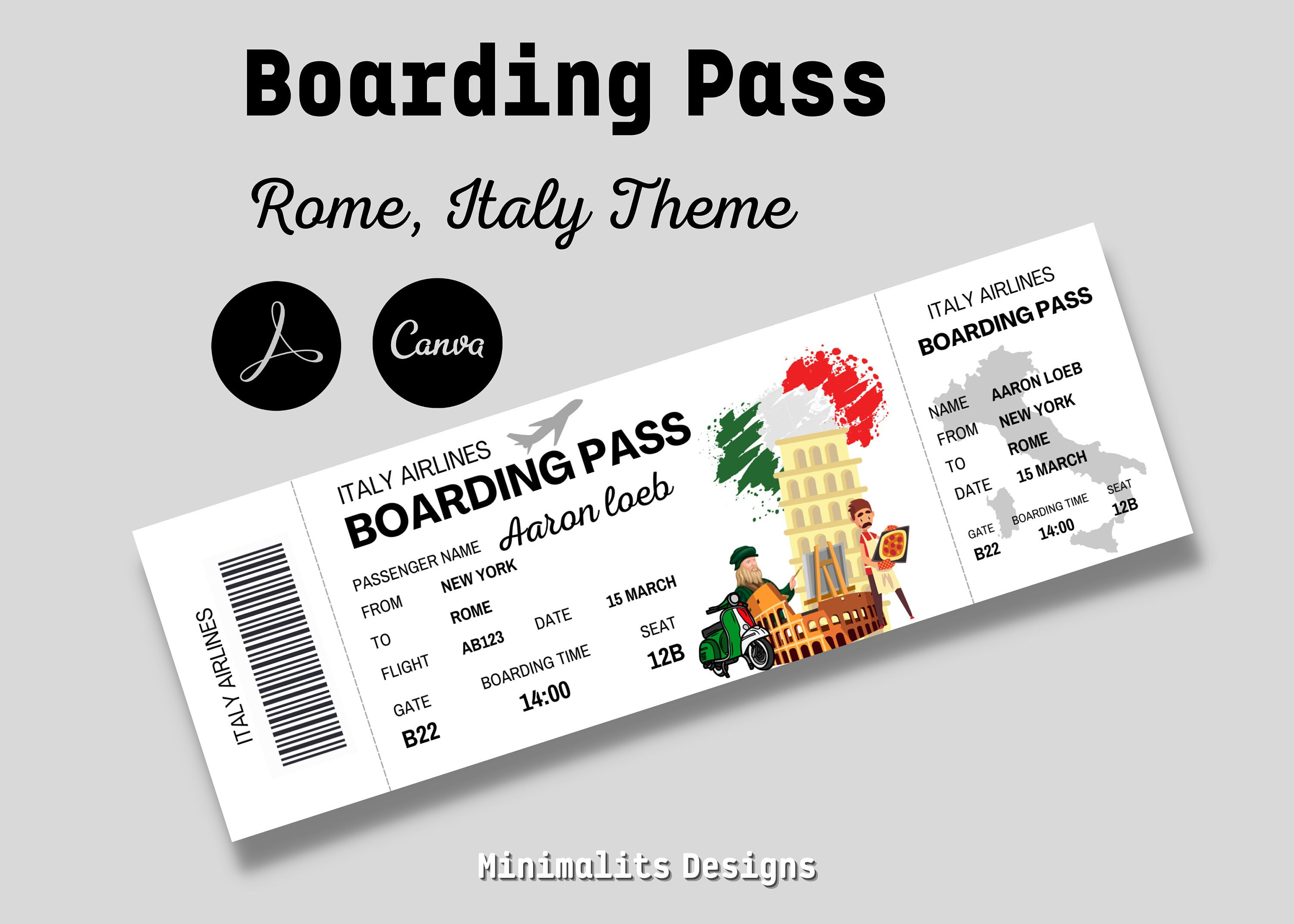 Italy Boarding Pass, Editable Boarding Pass, Vacation Ticket, Printable ...