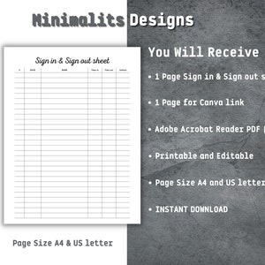 Sign in and Sign Out Sheet, Printable Sign in and Sign Out Sheet, Sign ...