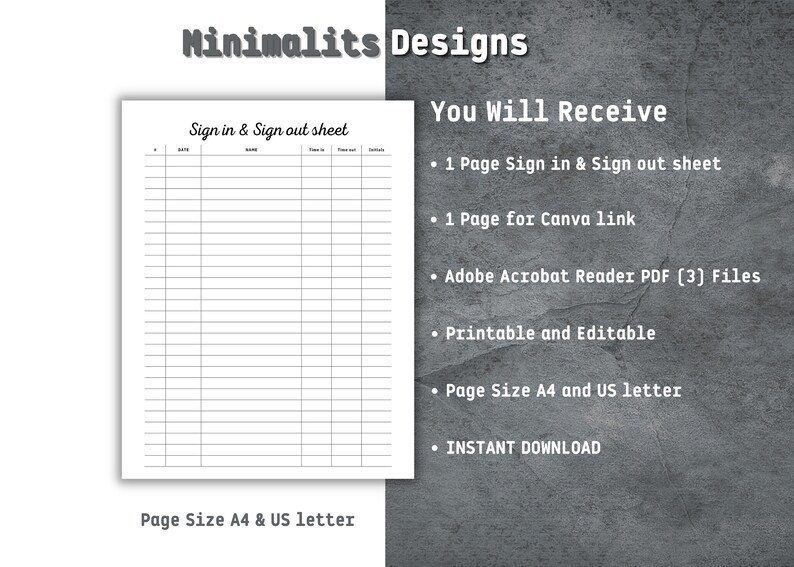 Sign in and Sign Out Sheet, Printable Sign in and Sign Out Sheet, Sign ...