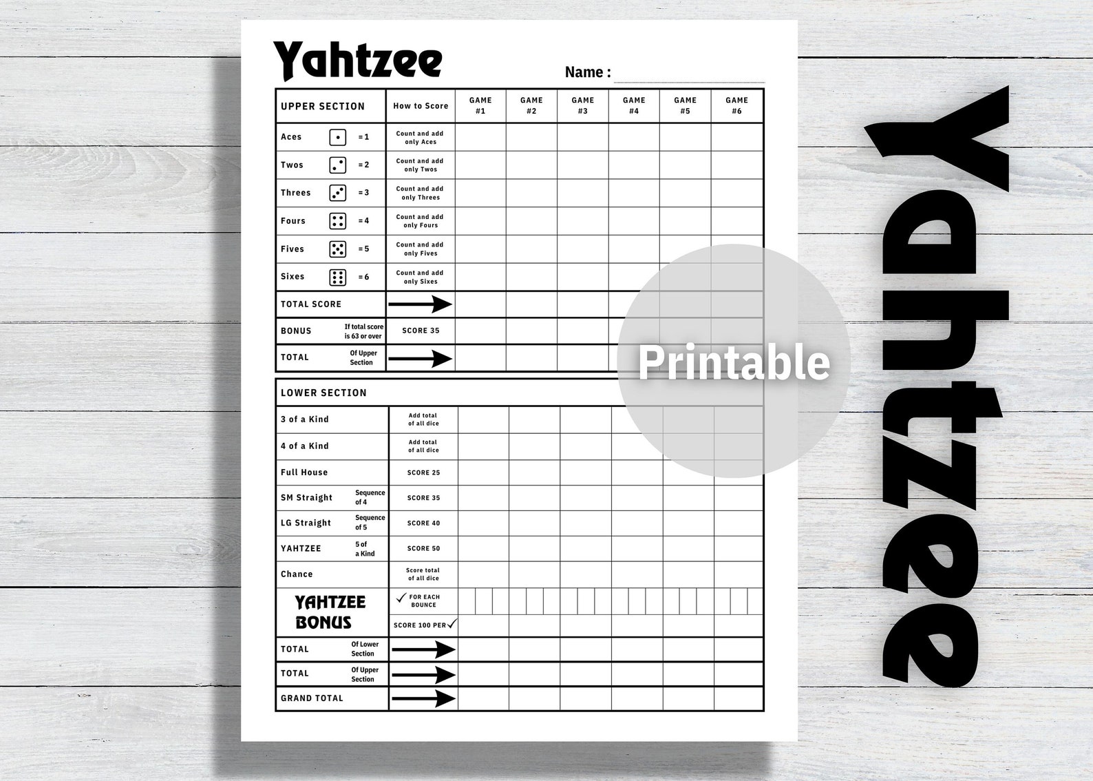 Yahtzee Score Card, Yahtzee Score Pad, Dice Game Card, Yahtzee Score ...