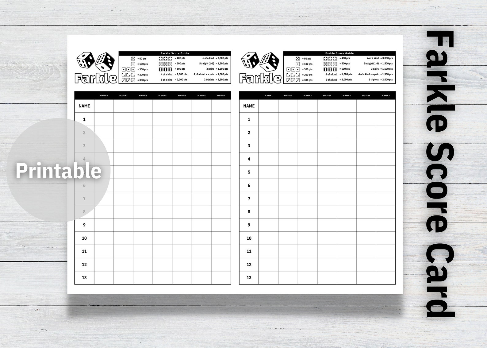 Farkle Score Card, Farkle Score Pad, Dice Game Card, Farkle Game ...
