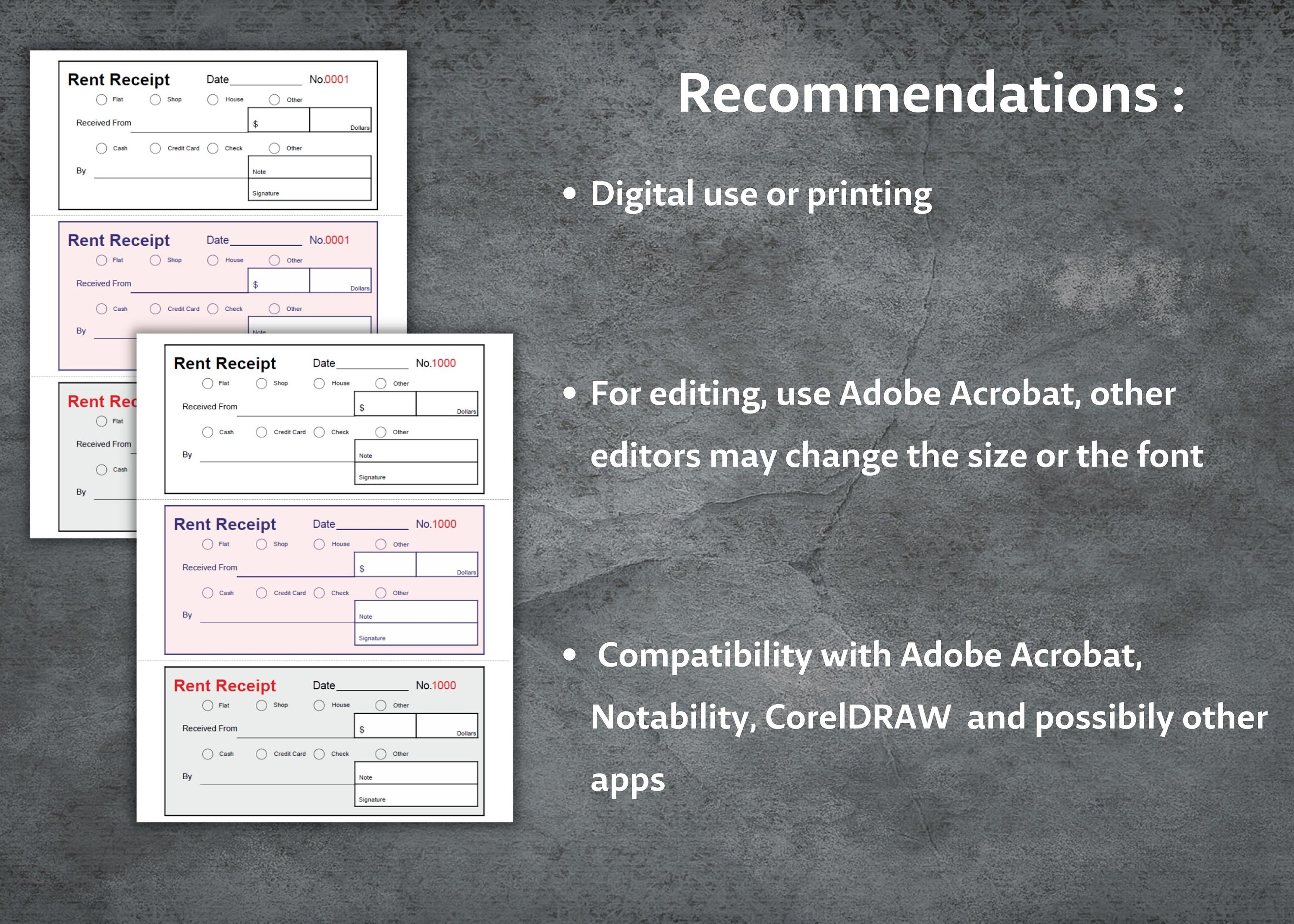 Rent Receipt, Printable Receipt, 1000 Rent Receipt, Cash Receipt, Rent ...