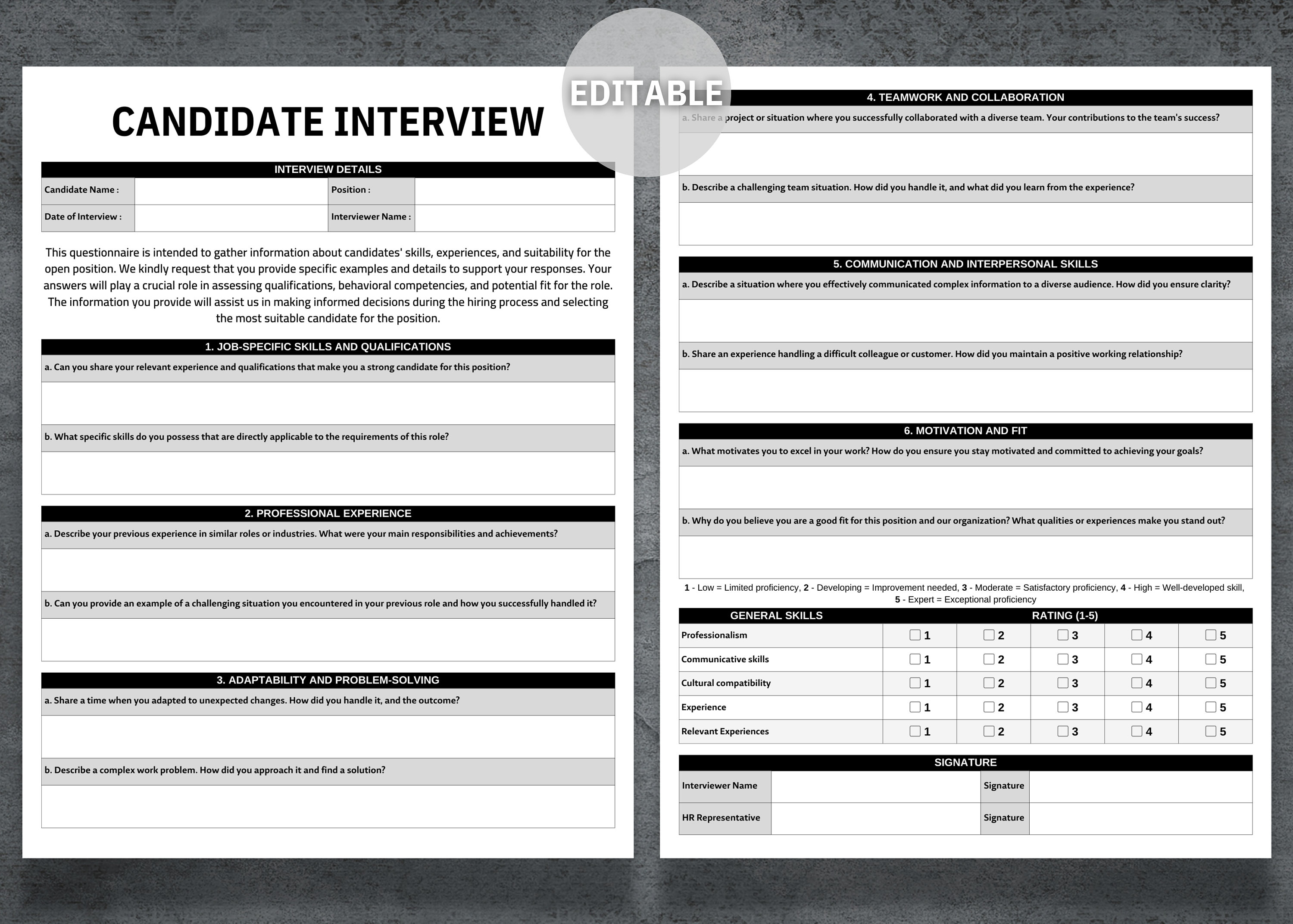 Interview Questions Template, Employee Behavioral Questionnaire, Job ...