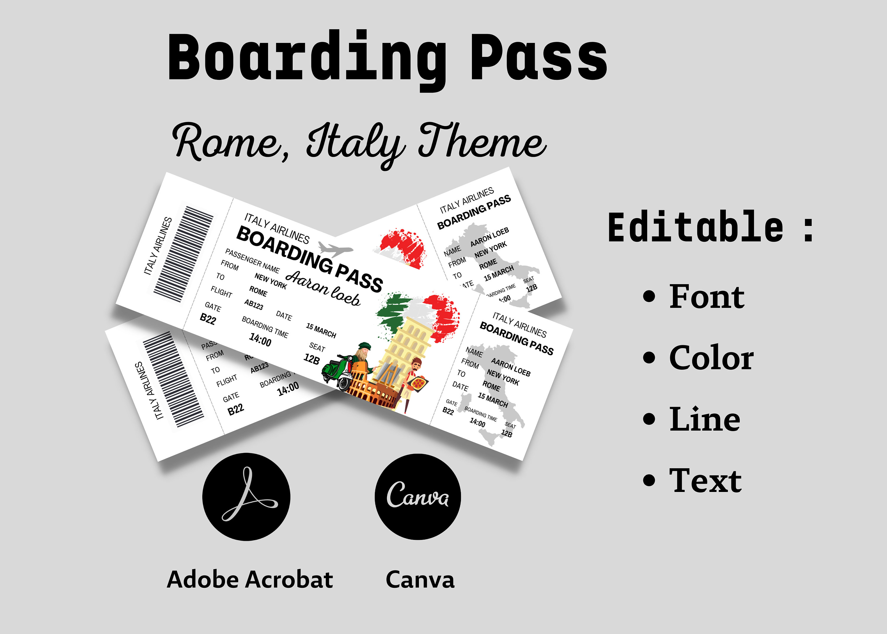 Italy Boarding Pass, Editable Boarding Pass, Vacation Ticket, Printable ...