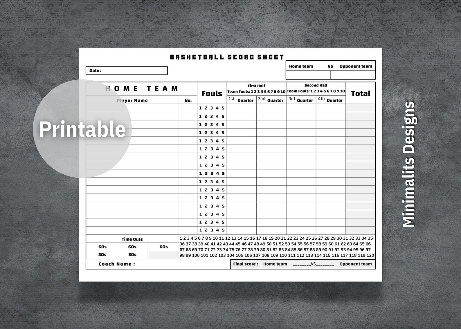Basketball Score Sheet, Basketball Score Card, Printable Basketball ...