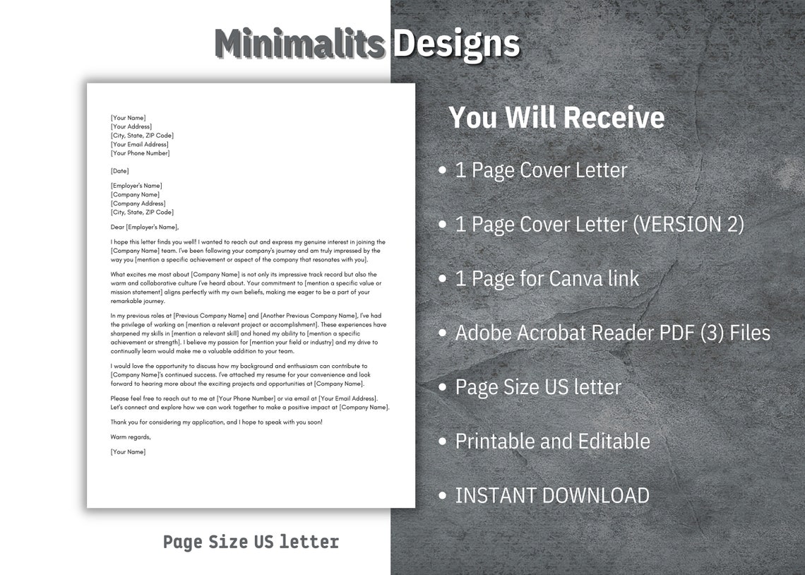 Cover Letter Template, Printable Cover Letter, Editable Professional ...