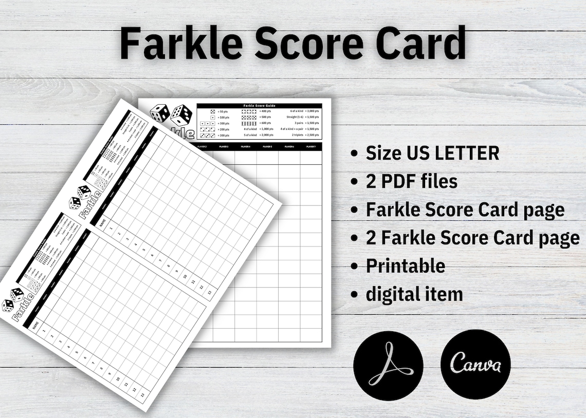 Farkle Score Card, Farkle Score Pad, Dice Game Card, Farkle Game ...