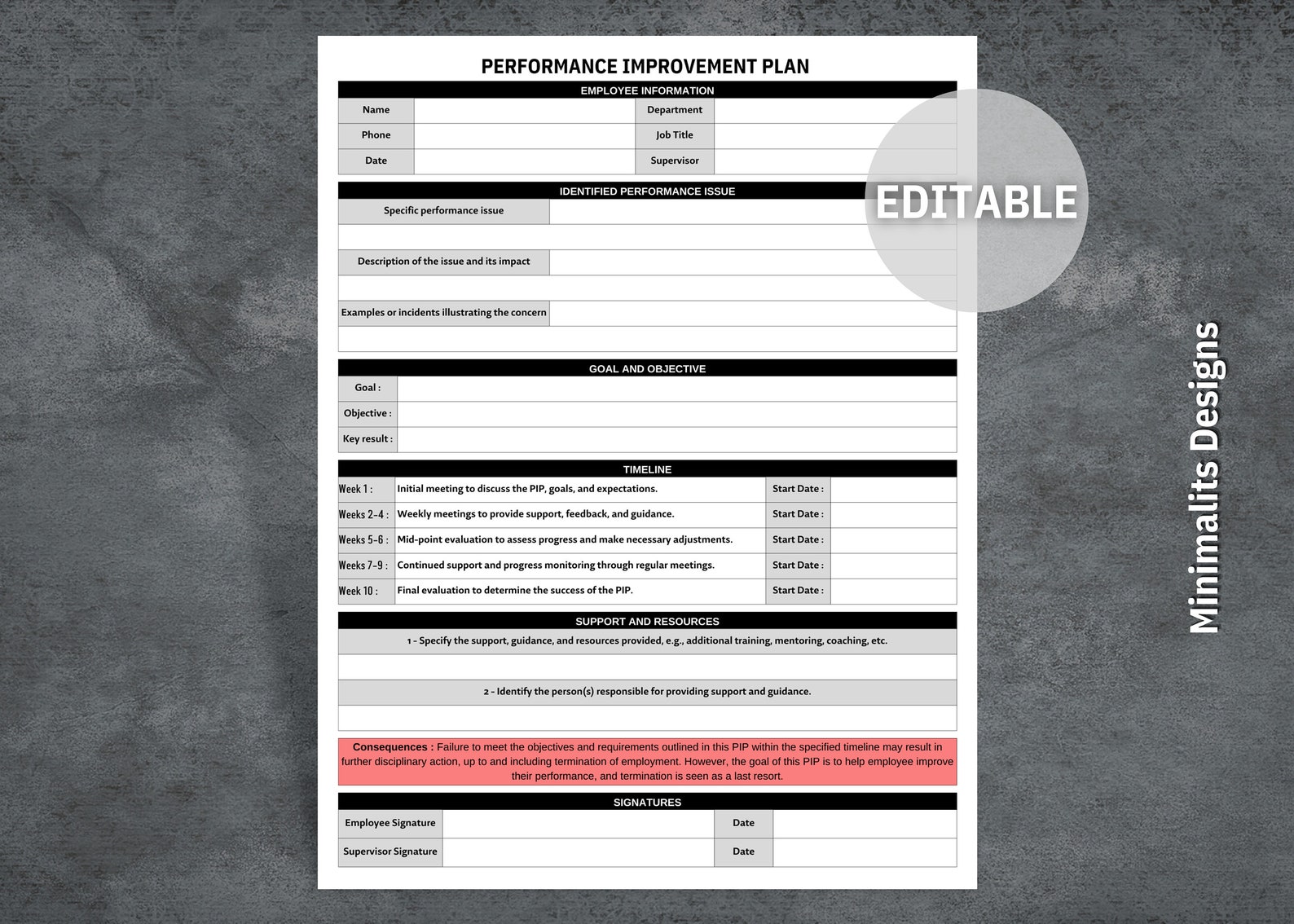 Performance Improvement Plan Template, Printable PIP Form, Human ...