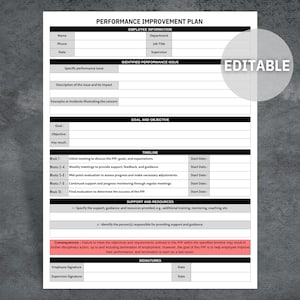 Performance Improvement Plan Template, Printable PIP Form, Human ...