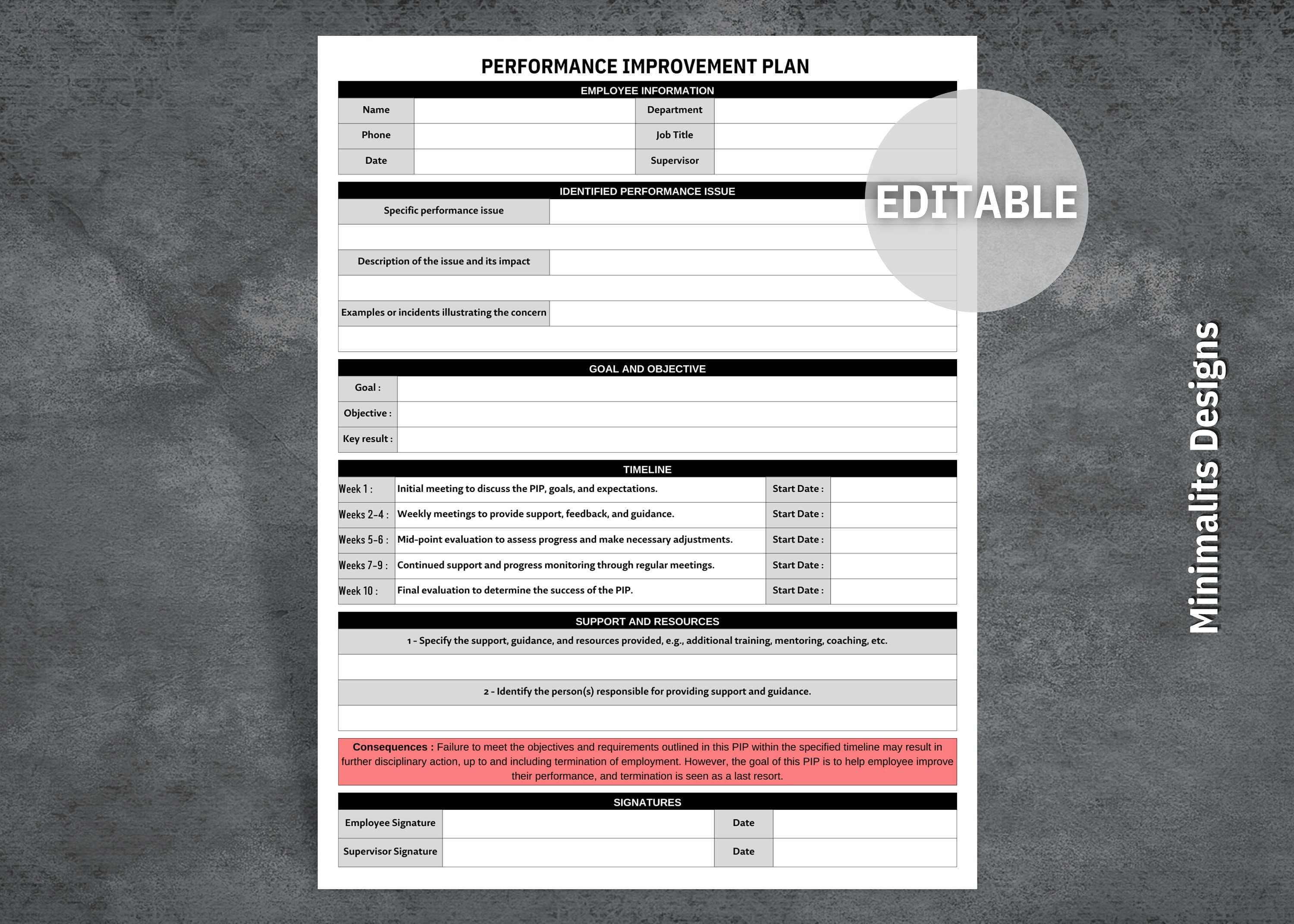 Performance Improvement Plan Template, Printable PIP Form, Human ...