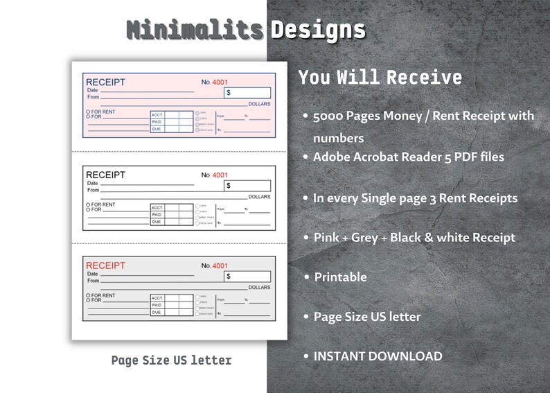Money or Rent Receipt, Printable Receipt, 5000 Receipts, Rent Receipt ...