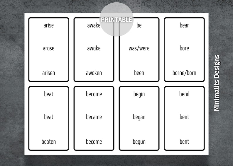 Irregular Verbs Flash Cards, Preschool Flashcards, Printable Montessori ...