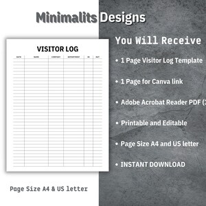 Visitor Log, Visitor Logbook, Visitor Tracker Form, Printable Visitor ...