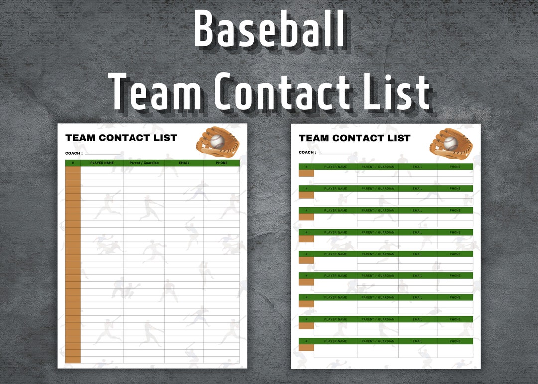Baseball Team Contact List, Information Sheet, Printable Contact Sheet ...