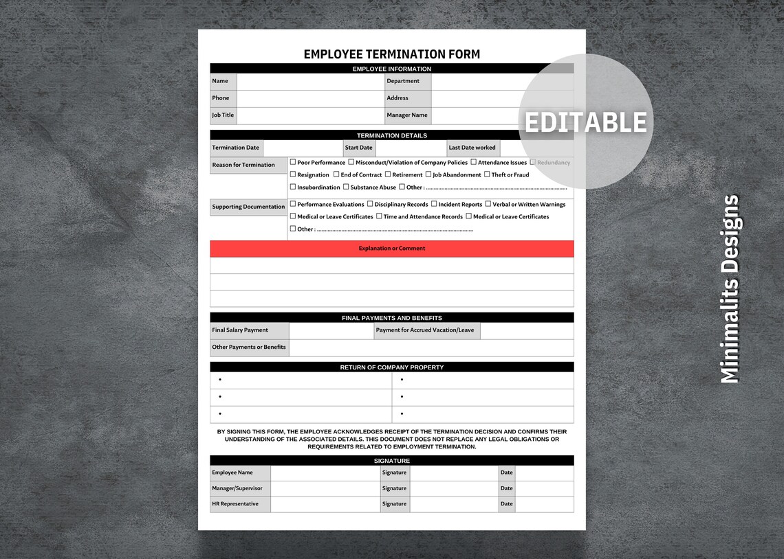 Employee Termination Form, Printable Termination Form, HR Templates ...