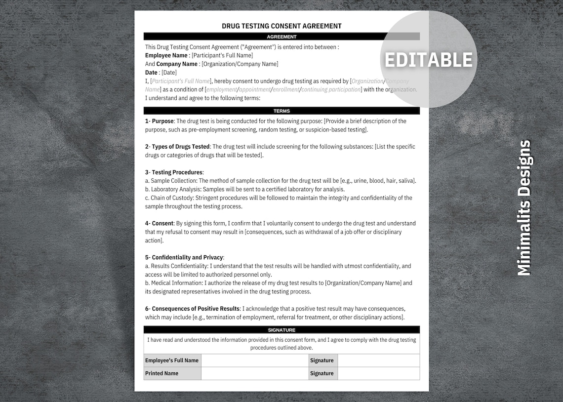 Drug Test Consent Form, Editable Drug Testing Consent Agreement, Human ...