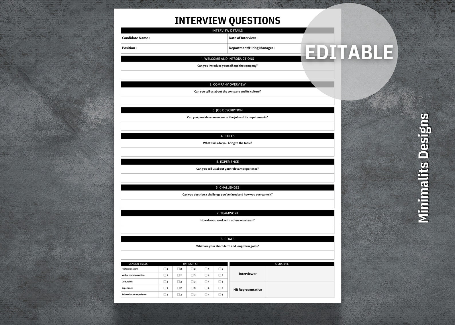 Interview Questions Template, Job Interview Form, Printable Interview ...