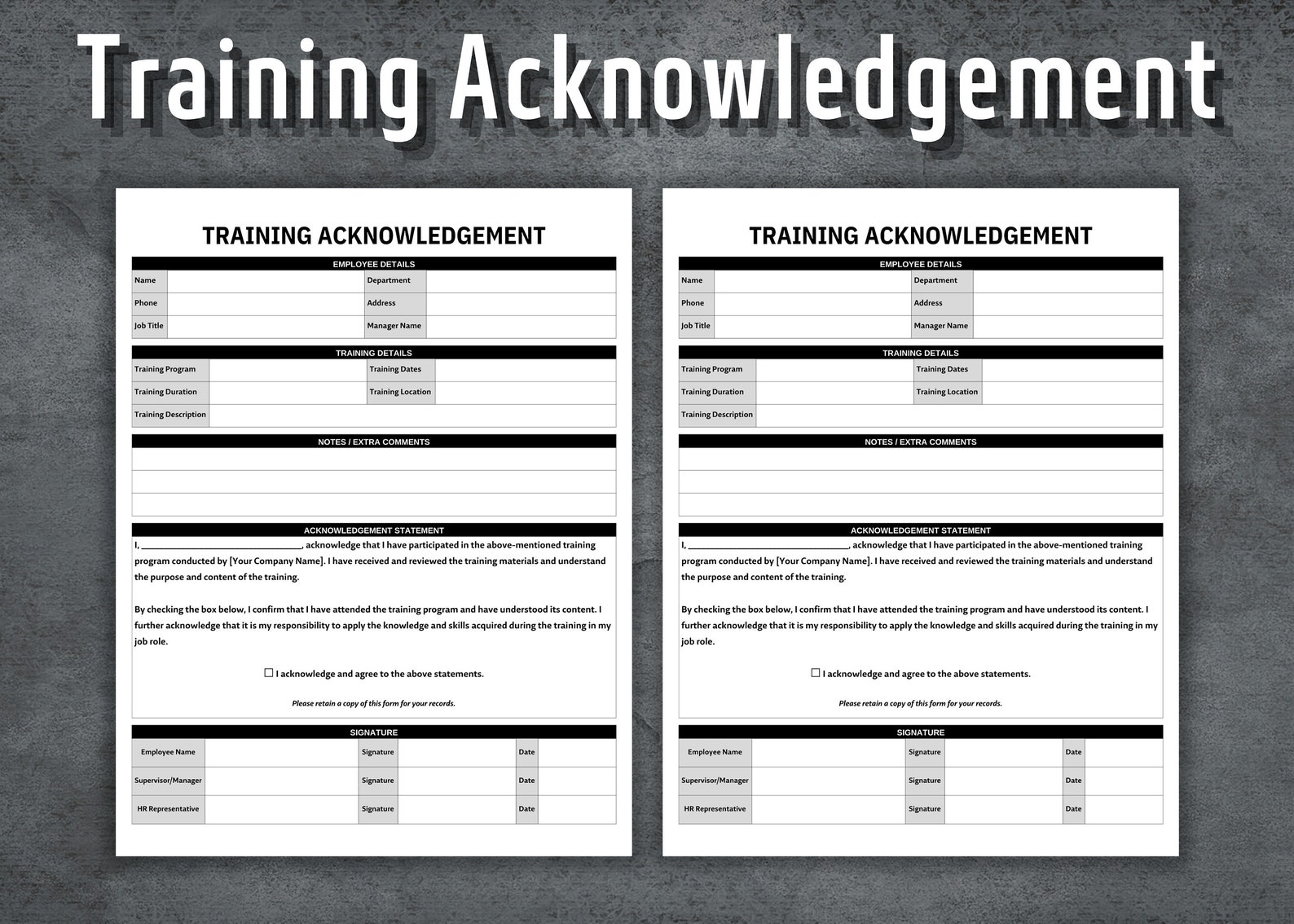 Training Acknowledgement Form, Printable Training Templates, HR ...