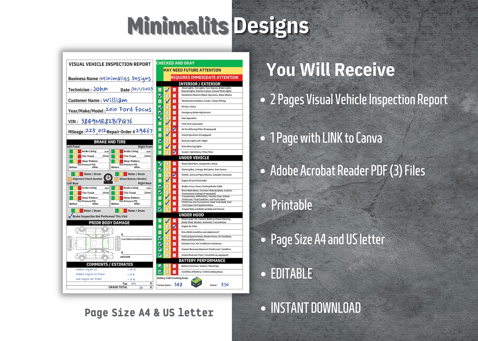 Visual Vehicle Inspection Report, Vehicle Inspection Worksheet, Car ...
