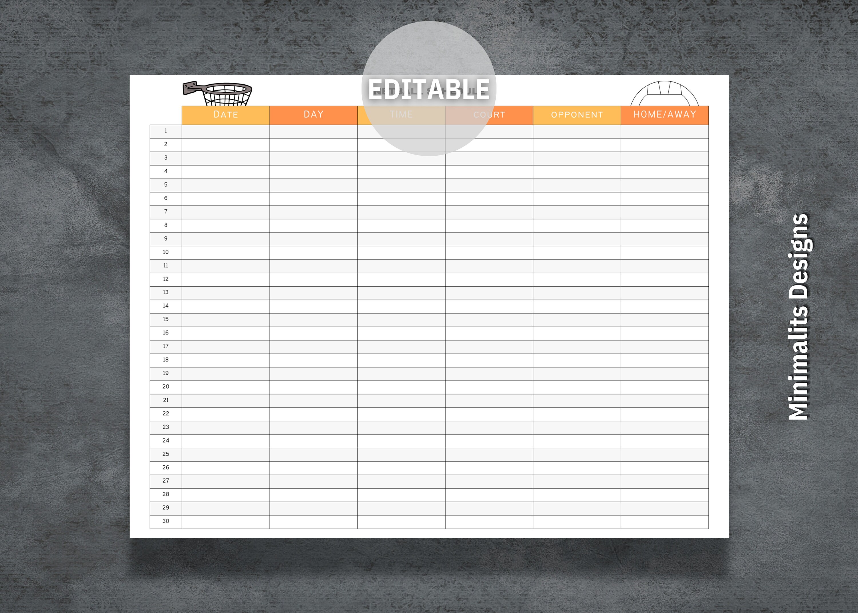 Netball Schedule Template, Printable Netball Schedule, Editable Netball ...