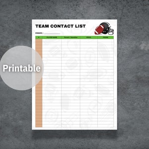 American Football Team Contact List, Information Sheet, Printable ...