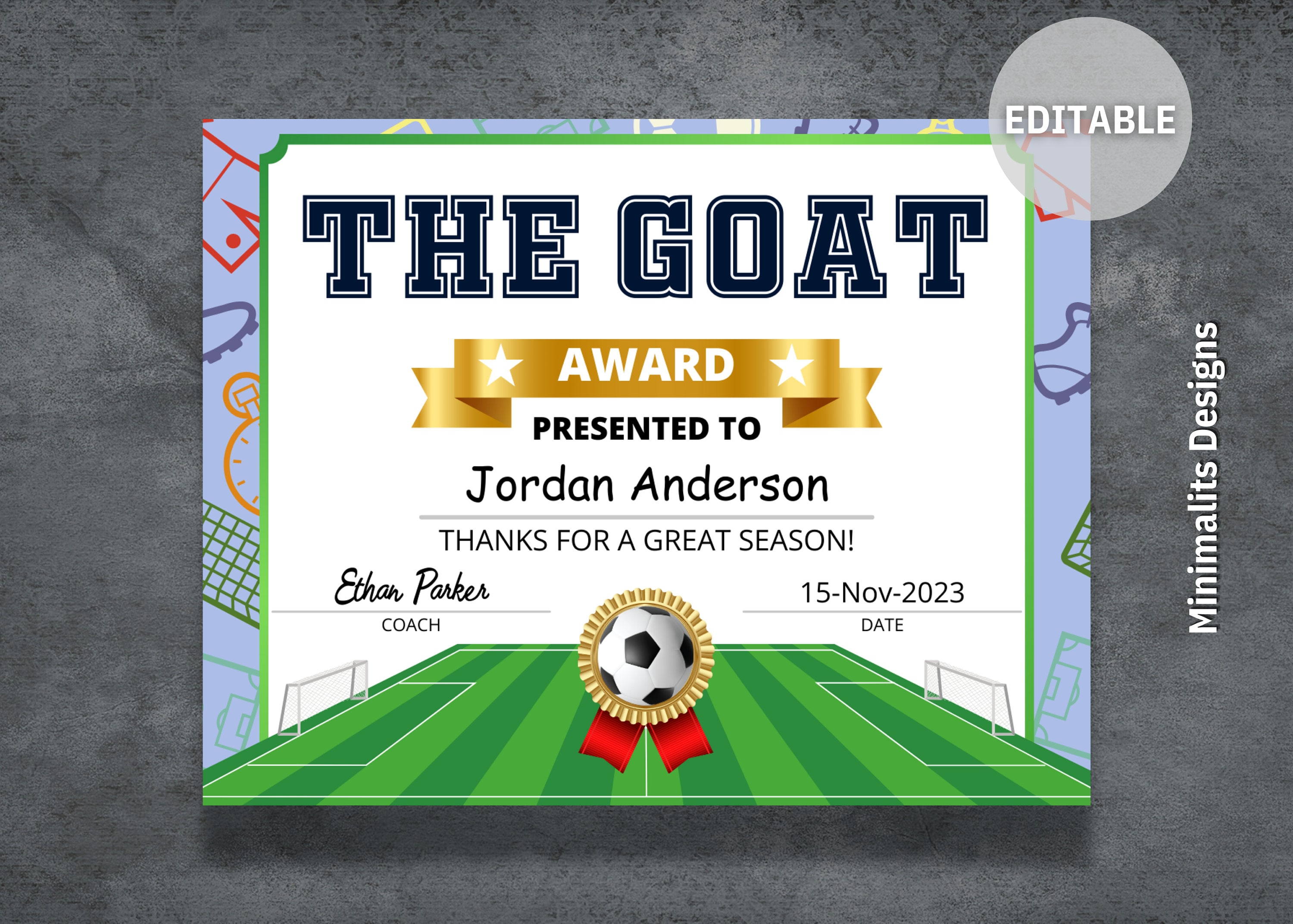 Football Award Certificates, End of Season Soccer Award, Award Ceremony ...