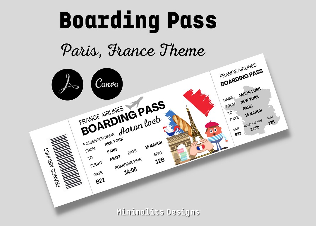 France Boarding Pass, Editable Boarding Pass, Vacation Ticket ...