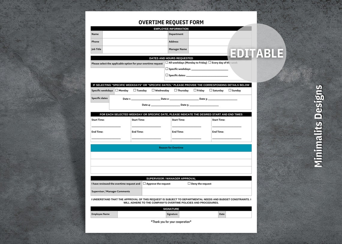 Overtime Request Form, Printable Employee Time Template, HR Templates ...