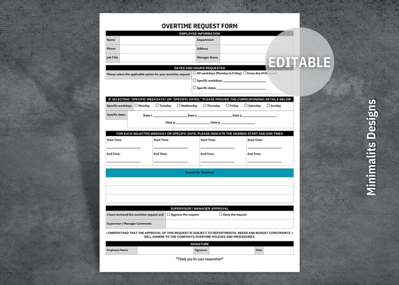 Overtime Request Form, Printable Employee Time Template, HR Templates ...