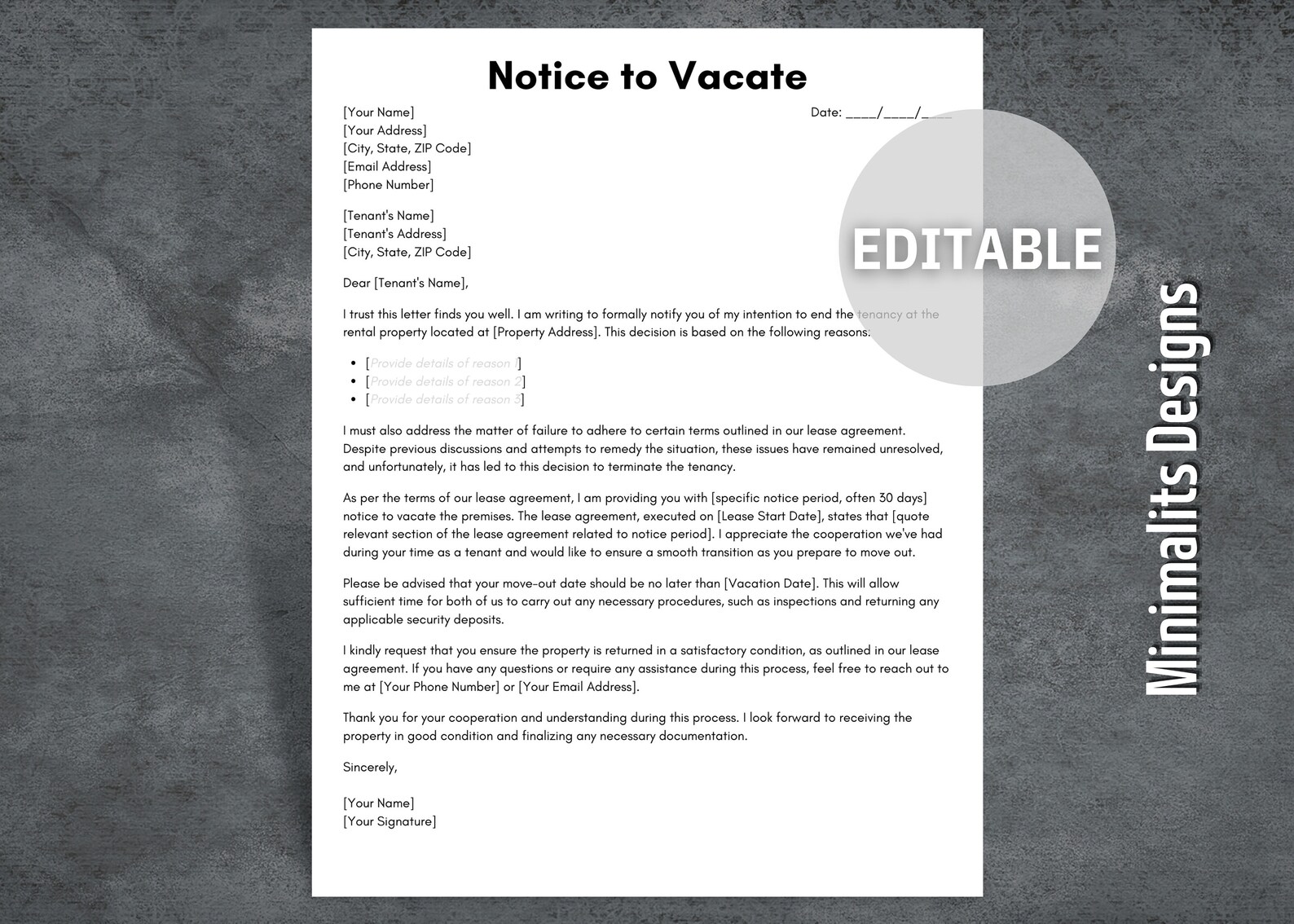 Notice to Vacate, Printable Eviction Notice, Editable Notice of ...