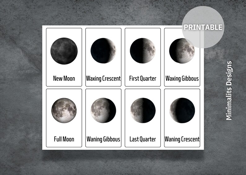 Moon Phases Flash Cards, Preschool Flashcards, Printable Montessori ...