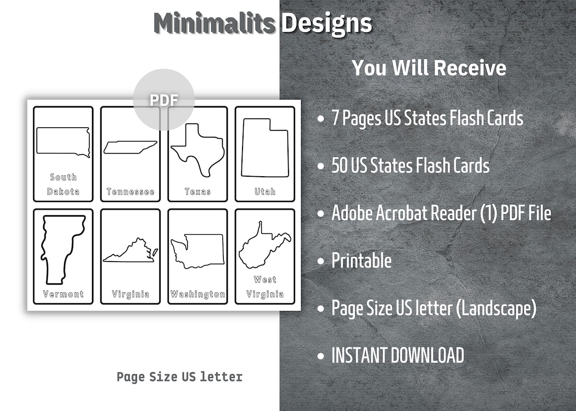 US States Flash Cards, Preschool Flashcards, Printable Montessori Cards ...
