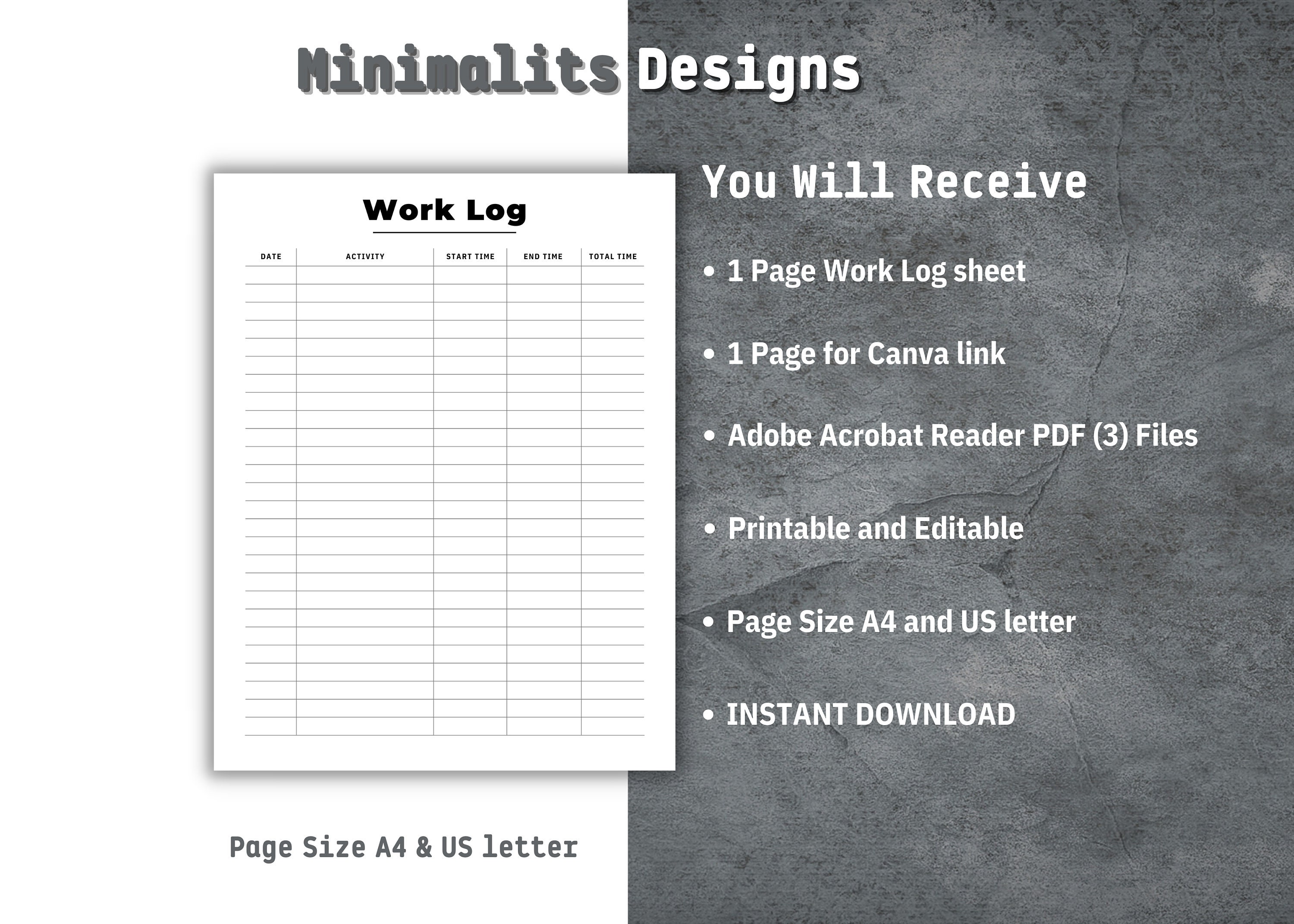 Work Log, Activity Tracker, Editable Work Log Sheet, Time Tracker ...