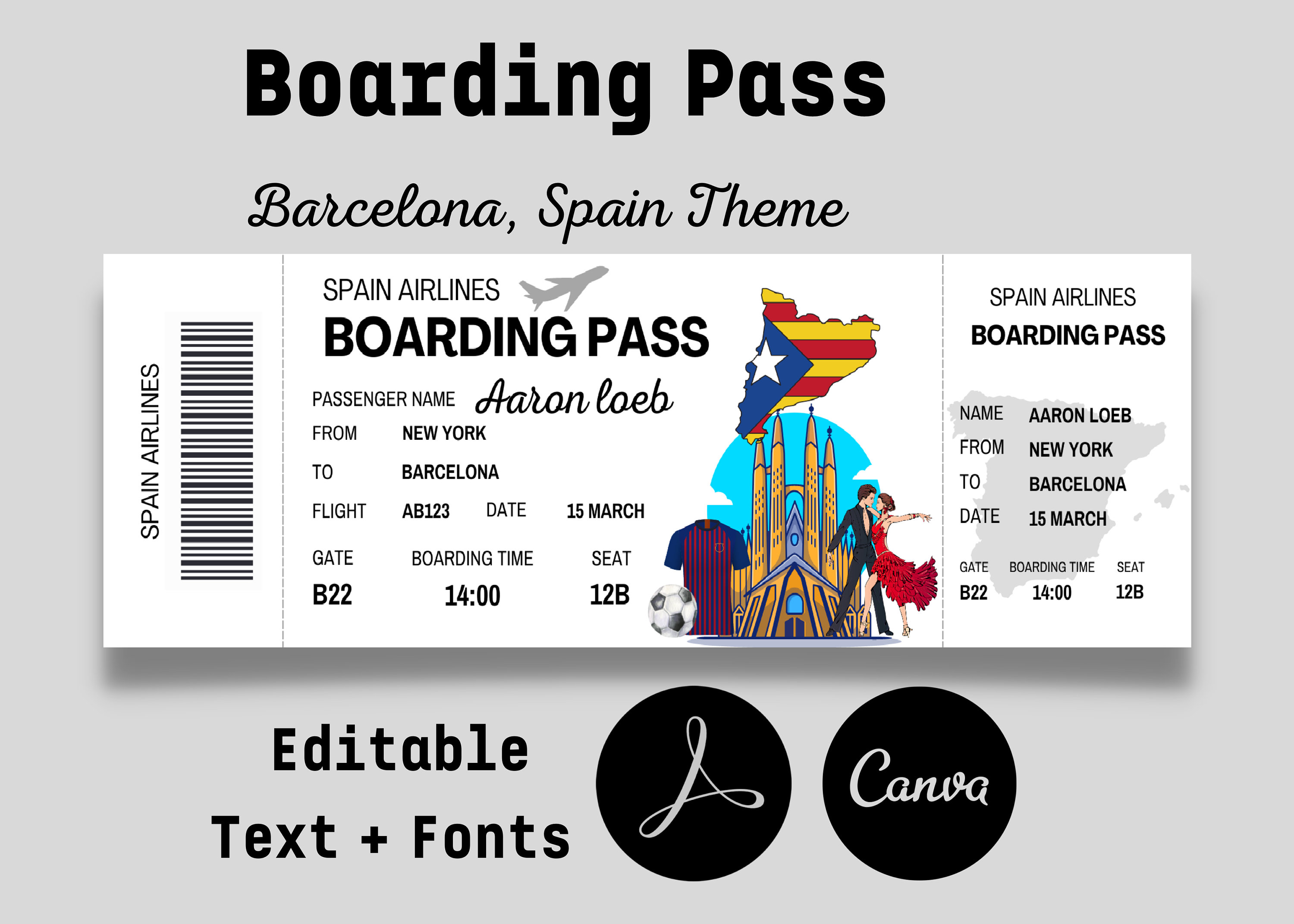 Spain Boarding Pass, Editable Boarding Pass, Vacation Ticket, Printable ...