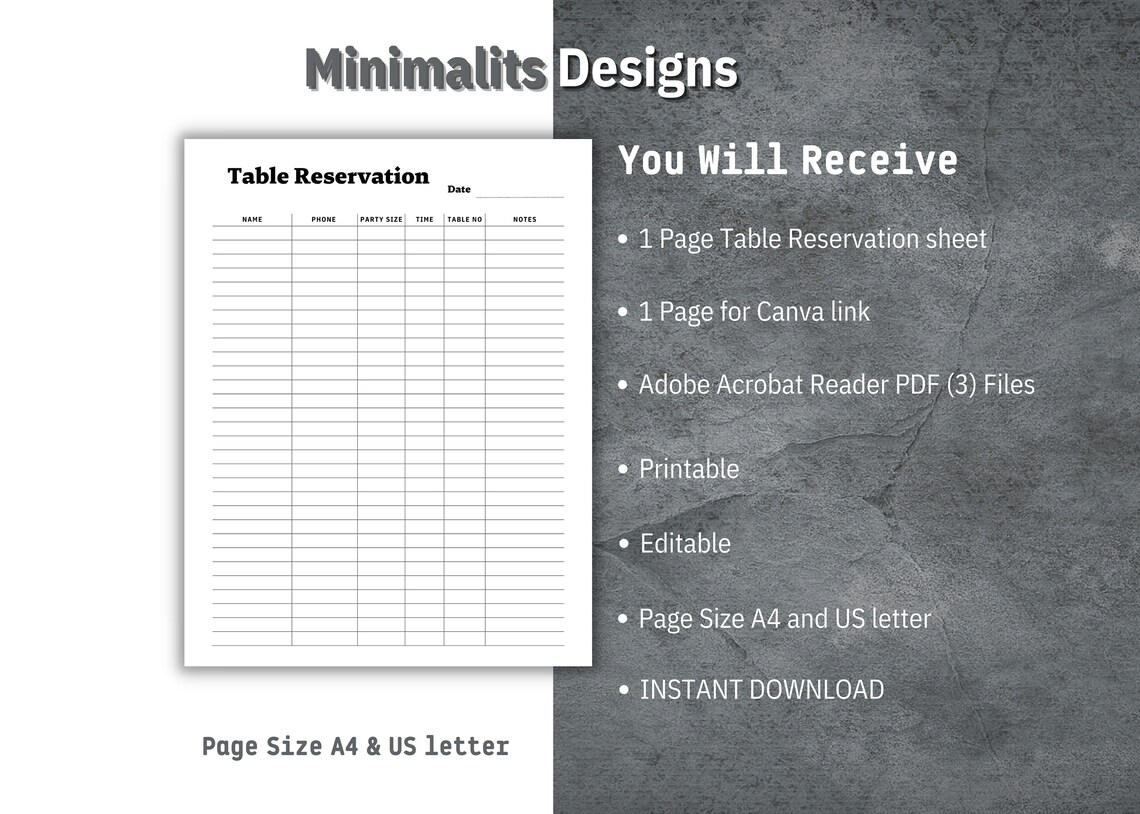 Table Reservation List Restaurant Table Reservation List - Etsy